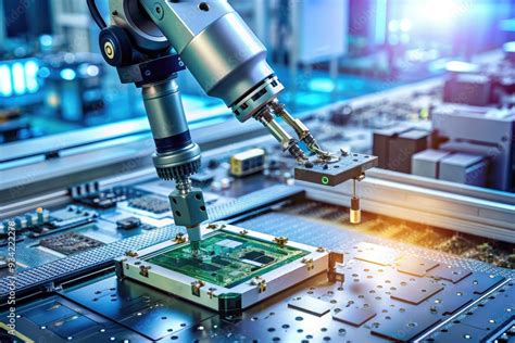 Robotic Arm Carefully Installs Microchips And Components Onto Circuit Boards Within A Sleek