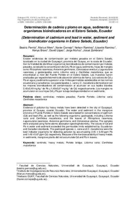 Pdf Determination Of Cadmium And Lead In Water Sediment And Bioindicator Organisms In Estero