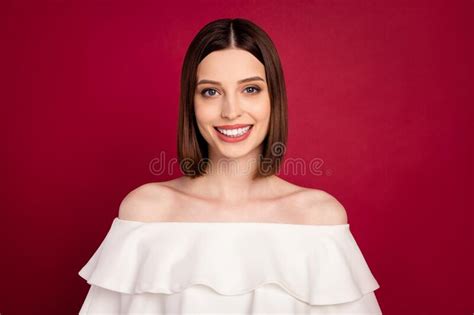 Photo Of Cute Brunette Young Lady Wear White Naked Shoulders Top