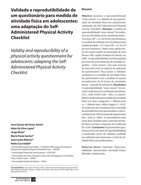 Pdf Validity And Reproducibility Of A Physical Activity Questionnaire For Adolescents