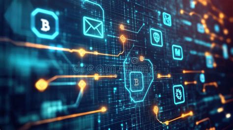 Digital Blockchain Network With Blue And Orange Data Nodes Stock