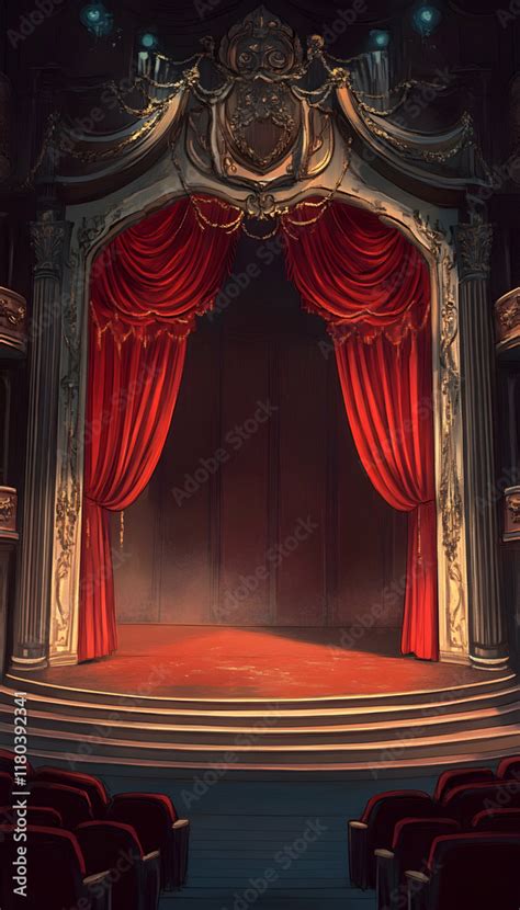 Elegant Theater Stage With Red Velvet Curtains Drawn Open For A