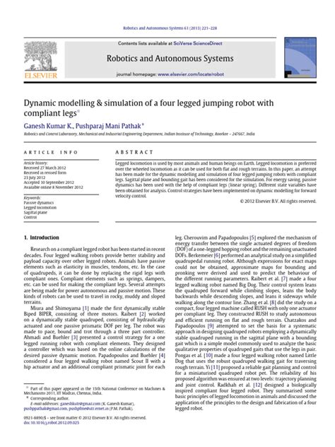 dynamic modelling and simulation of a four legged jumping robot with