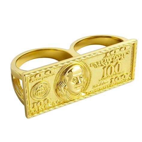 14k Gold Plated Two Finger 100 Dollar Bill Money Double Ring
