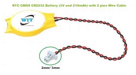Rtc Cmos Cr2032 Battery 3v And 210mah With 2 Pins Wire Cable Measure ~3 5 Inches And Jst Shr