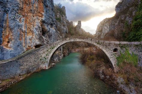 Old Arch Bridges Over Vikos Gorge In Northern Greece Taken In Ap Stock