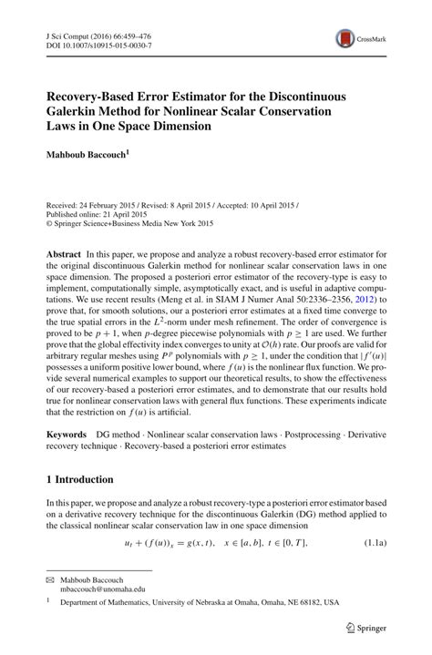 Pdf Recovery Based Error Estimator For The Discontinuous Galerkin Method For Nonlinear Scalar