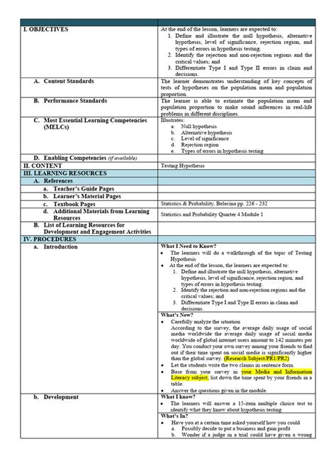 Lesson Exemplar Pdf Statistical Hypothesis Testing Hypothesis
