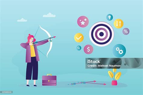 비즈니스 리더 자신감 넘치는 사업가가 활과 화살로 목표물을 겨냥하고 표적 보드에 활쏘기를 하고 있습니다 사업 목표와 성취 개념 양궁 개념에 대한 스톡 벡터 아트 및 기타