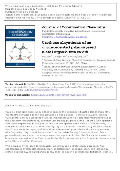 Pdf Urothermal Synthesis Of An Unprecedented Pillar Layered Metalorganic Framework Dokumentips