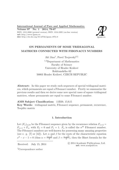 Pdf On Determinants Of Some Tridiagonal Matrices Connected With Fibonacci Numbers