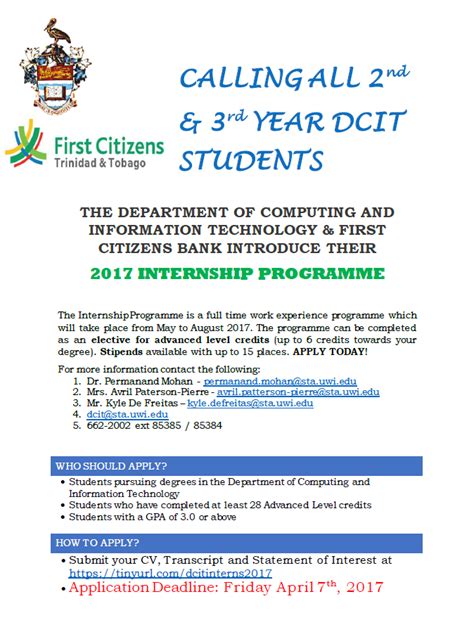 Dcit First Citizens Internship Programme Department Of Computing And Information Technology