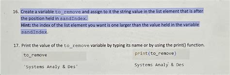 Solved Create A Variable To Remove And Assign To It The