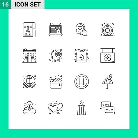 Modern Set Of 16 Outlines Pictograph Of Cityscape Safari Chat Bubble Compass Couple Chat