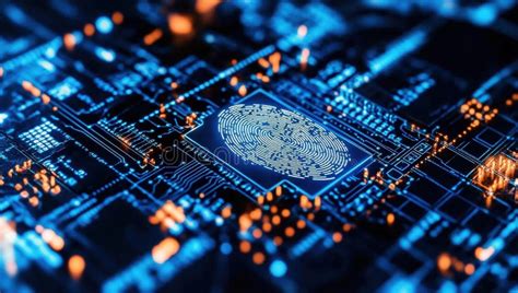 Fingerprint Glowing On Computer Circuit Board Ensuring Biometric Security Stock Image Image Of