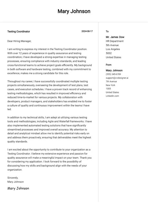 QA Specialist Cover Letter Samples Examples CVDesigner Ai