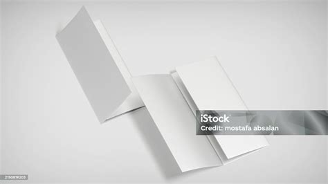 흰색 A4 삼중 종이 브로셔 모형 빈 Tempelate 전단지 팜플렛 전단지 소책자 카탈로그 빈 모형 밝은 배경에 고립된 3d 렌더링 3단 브로슈어에 대한 스톡 사진 및