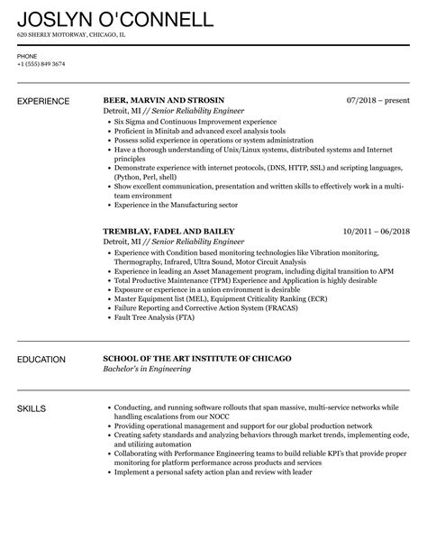 Senior Reliability Engineer Resume Samples Velvet Jobs