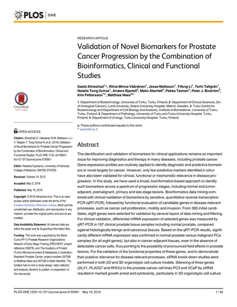 Pdf Validation Of Novel Biomarkers For Prostate Cancer Progression By