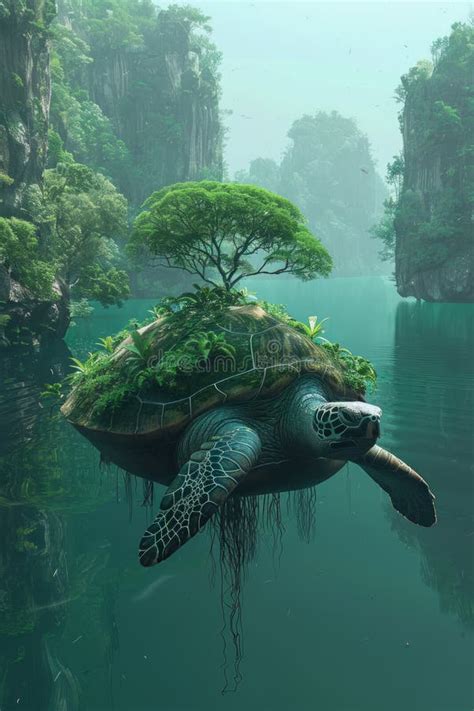 Surreal Scenery Of A Sea Turtle Swimming With An Island Ecosystem On