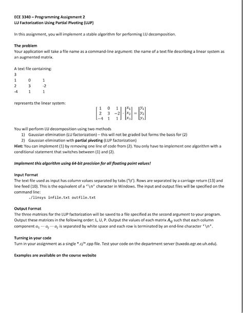 Solved ECE Programming Assignment LU Factorization Chegg