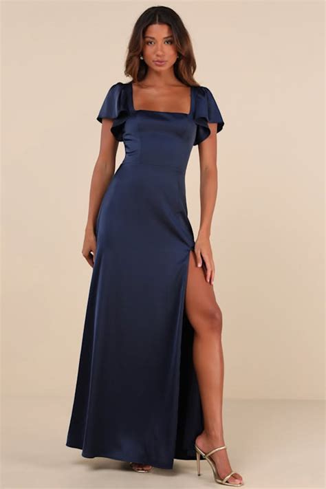 Ultimate Sweetness Navy Blue Satin Flutter Sleeve Maxi Dress Maxi