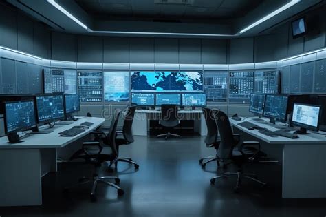 Empty Interior Of Big Modern Security System Control Room Workstation With Multiple Displays