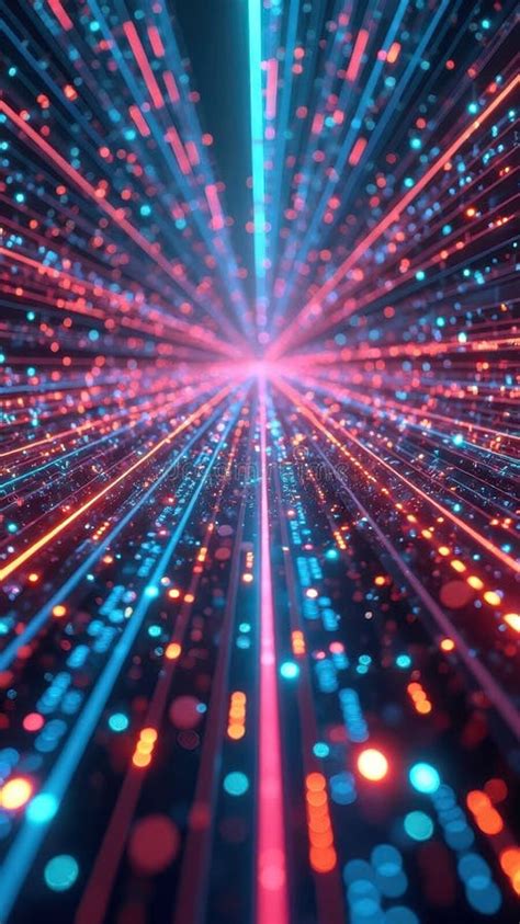 Futuristic Neon Light Beams Converging Towards Bright Center In Digital Abstract Space Stock