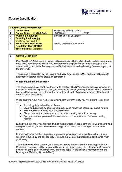 Course Specification Summaries Nursing Docsity