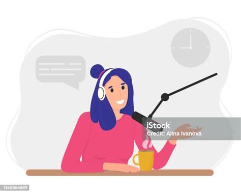 헤드폰에서 귀여운 만화 젊은 여자 이야기 와 마이크와 온라인 팟 캐스트를 기록 팟캐스트 컨셉 가상현실에 대한 스톡 벡터 아트 및