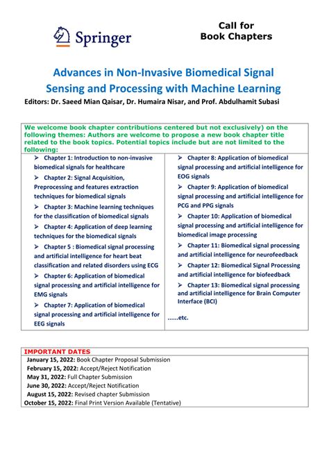 Pdf Call For Book Chapter On Advances In Non Invasive Biomedical