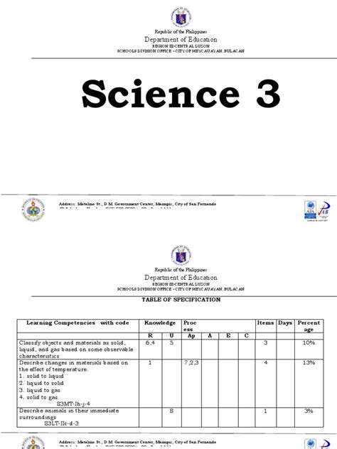 science 3 table of specifications pdf