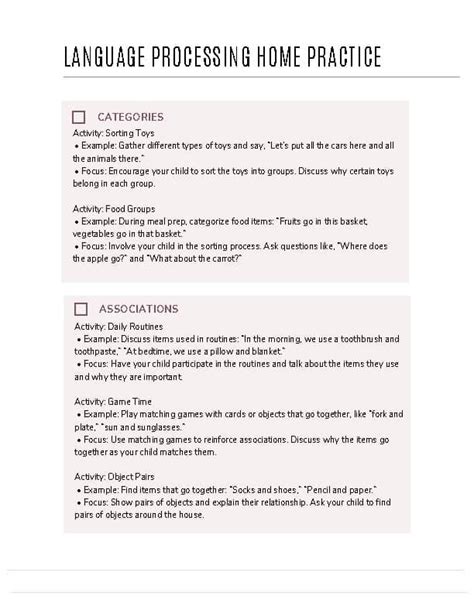 Speech Therapy Language Processing Hierarchy Carryover Activities