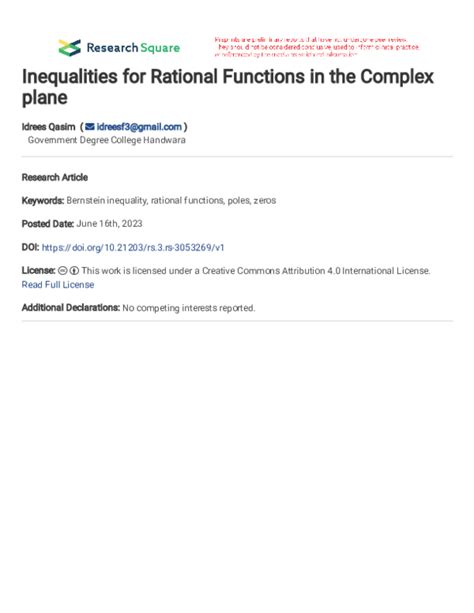 Pdf Inequalities For Rational Functions In The Complex Plane