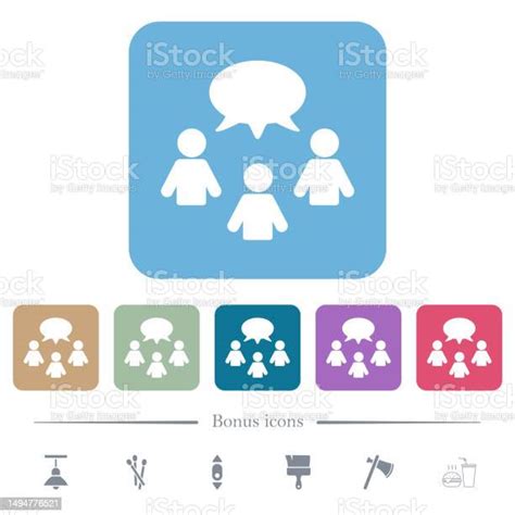 둥근 사각형 배경에 타원형 거품 단색 평면 아이콘을 가진 세 명의 말하는 사람 고객에 대한 스톡 벡터 아트 및 기타 이미지 고객 고체 기포 Istock