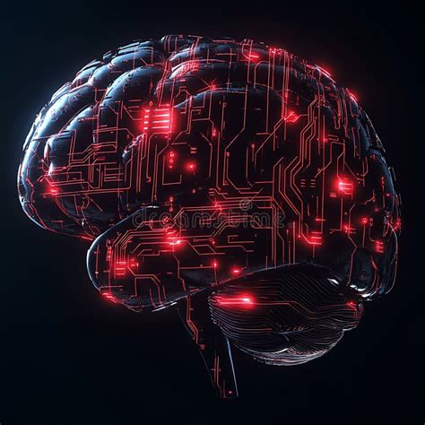 A Digital Representation Of A Human Brain Is Depicted With Glowing Red Circuit Patterns Against