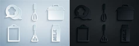 주걱 요리 냄비 도마 우유용 종이 패키지 주방 거품 및 요리사 모자 스피치 버블 아이콘을 설정합니다 벡터 3차원 형태에 대한 스톡 벡터 아트 및 기타 이미지 Istock