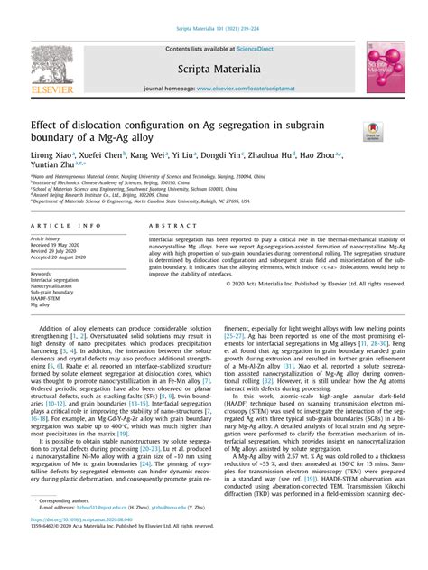 Pdf Effect Of Dislocation Configuration On Ag Segregation In Subgrain Boundary Of A Mg Ag Alloy