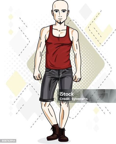 잘생긴 운동 대머리 젊은 남자 서 세련 된 캐주얼 옷을 입고 수염을 가진 남자의 벡터 그림 T 셔츠에 대한 스톡 벡터 아트 및 기타 이미지 Istock
