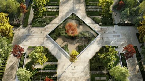 A Symmetrical Garden Design Featuring A Central Square And Four Triangular Sections Stock Image