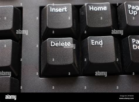 Black Plastic Standard English Computer Keyboard Close Up Macro Shot Top Side View Delete Button