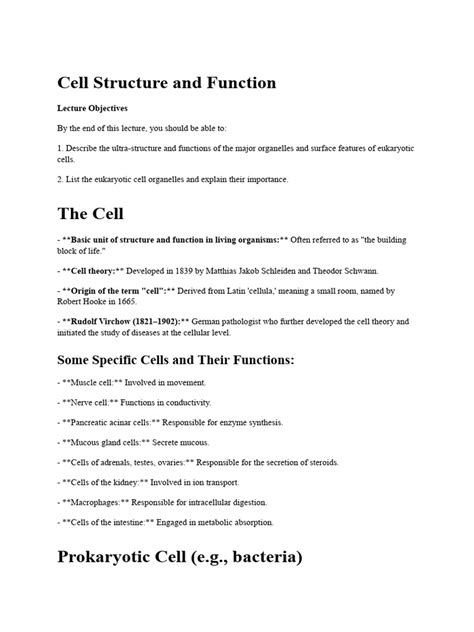 Cell Structure And Function Lecture Notes Pdf Cell Biology