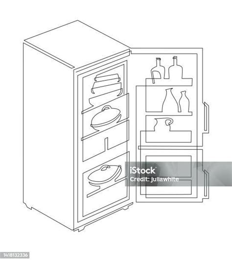 식품 저장을위한 두 개의 문이있는 냉장고 주방 전기 장비 연속 선 그리기 선형 벡터 일러스트레이션 흰색 배경에 격리 0명에 대한