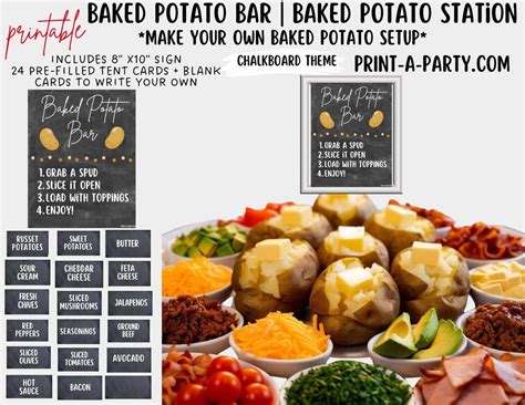 Baked Potato Bar Sign Toppings Tent Cards Printable Party Decor