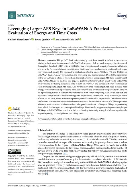 Pdf Leveraging Larger Aes Keys In Lorawan A Practical Evaluation Of Energy And Time Costs