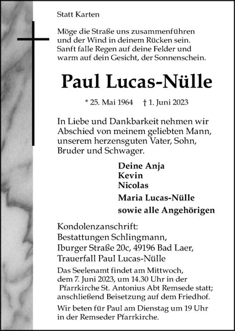 traueranzeigen von paul lucas nülle noz trauerportal