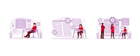 Premium Vector Female It Developer Working Computer Programmers Work