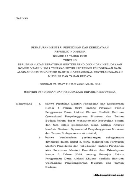 Permendikbud Nomor 18 Tahun 2020 Pdf