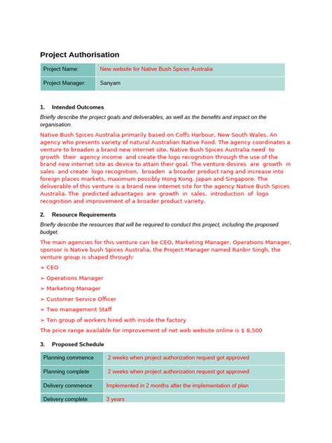 Project Authorisation Request 1 Bsbpmg530 Pdf Governance Australia