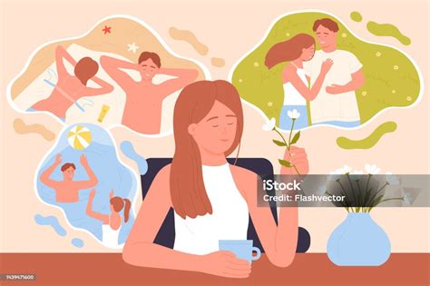 여름의 달콤한 기억과 꽃향기를 맡는 아름다운 소녀의 시각적 백일몽 추억에 대한 스톡 벡터 아트 및 기타 이미지 추억